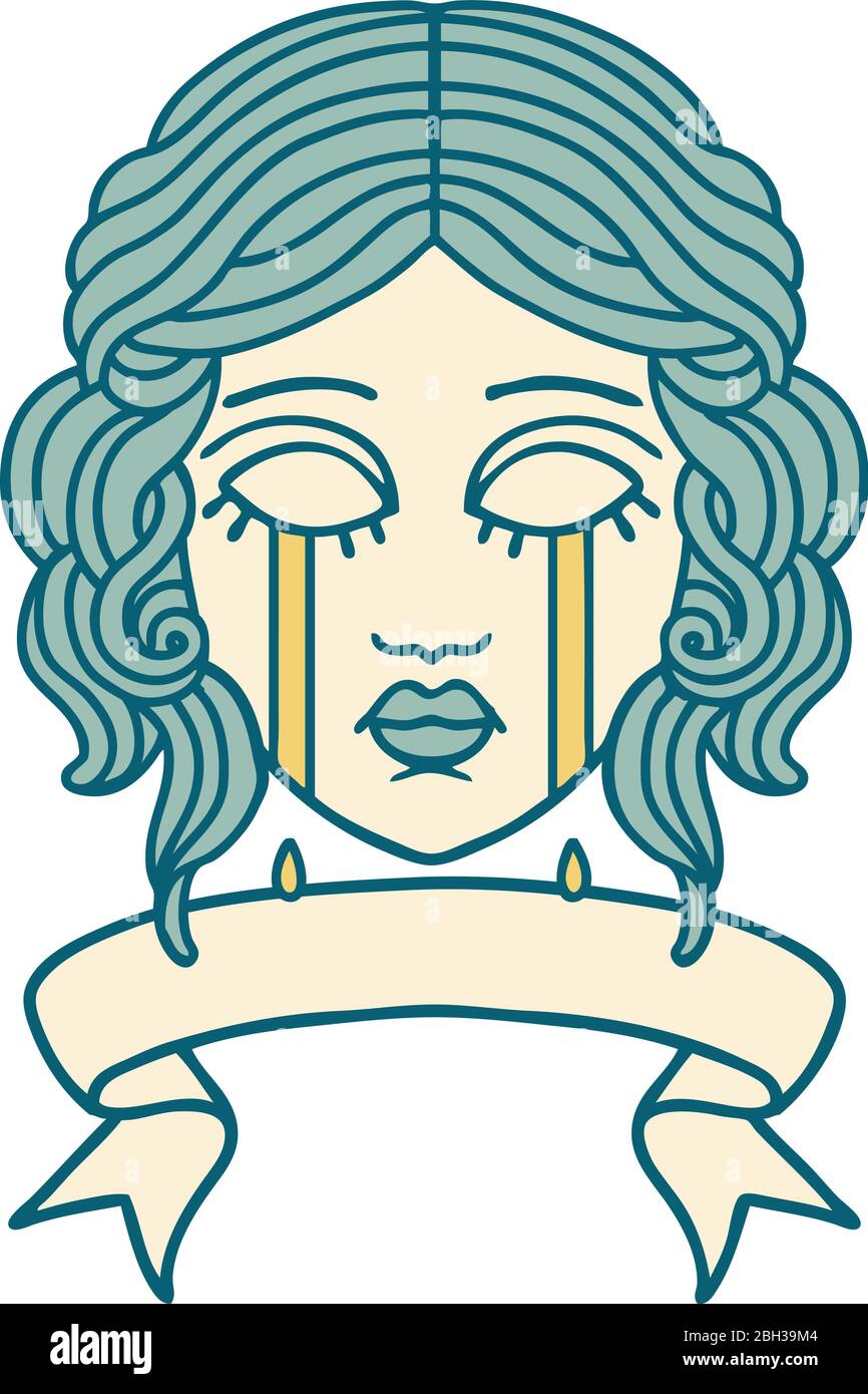 traditional tattoo with banner of female face crying Stock Vector Image ...