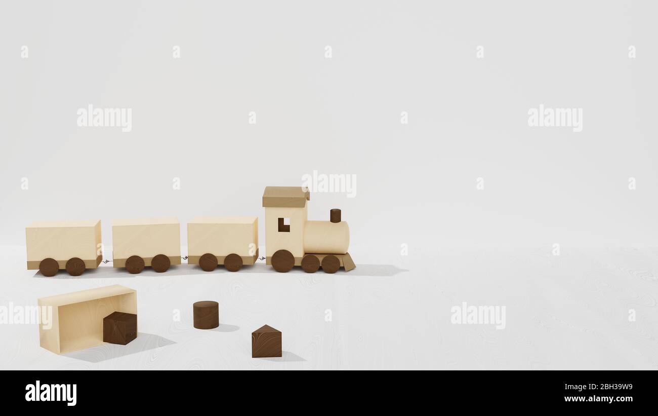 Children wooden train toy and box with geometric shapes toy on a wooden ...