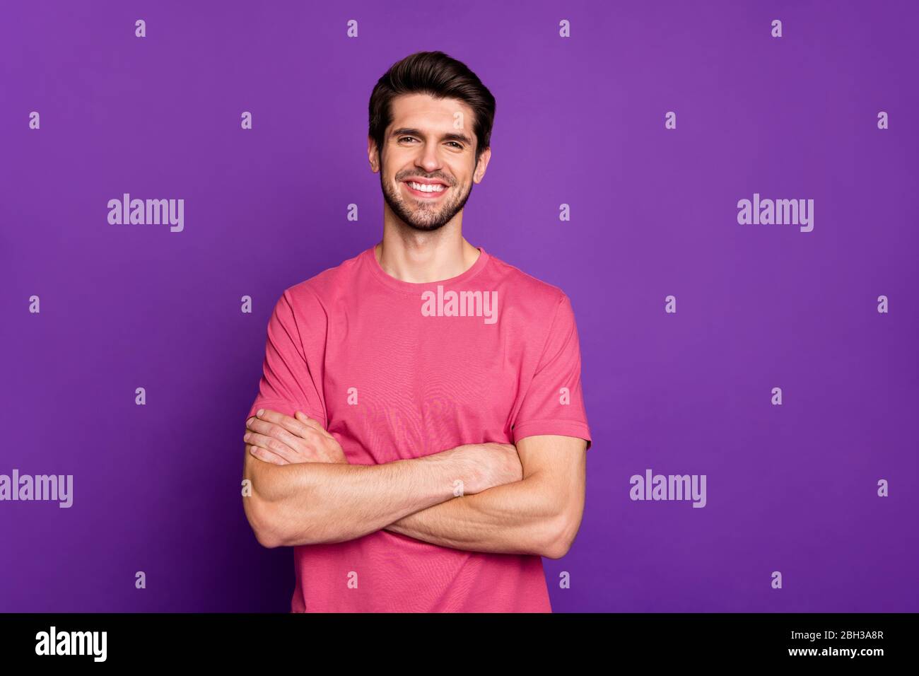 Portrait of charming content guy worker cross hands ready decide choose ...