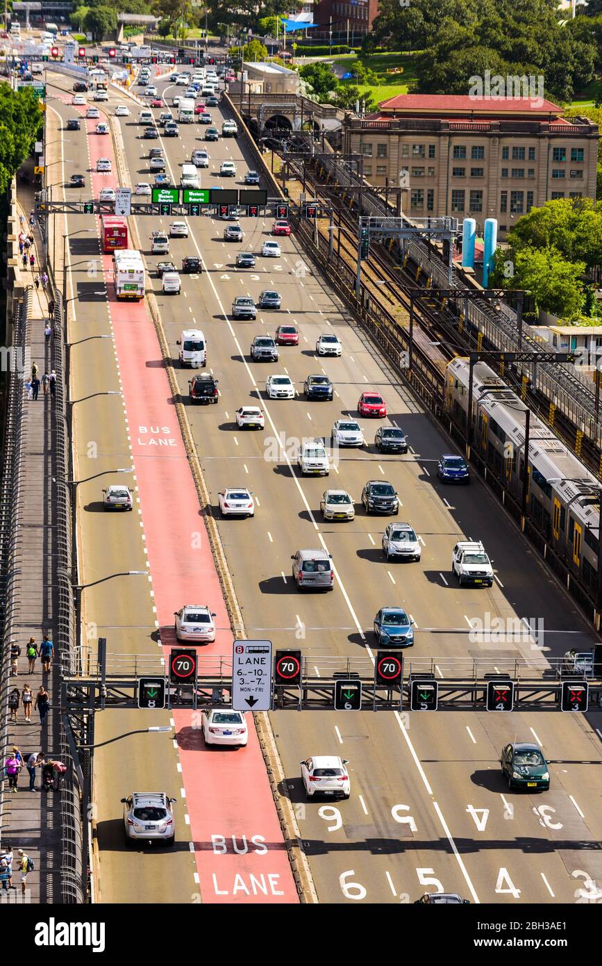 Sydney, Australia. Cars crossing the harbour bridge seen from the Pylon ...