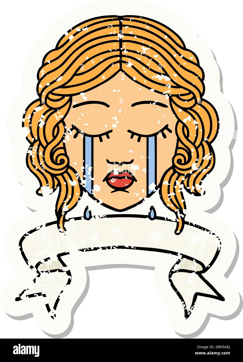 worn old sticker with banner of female face crying Stock Vector Image ...