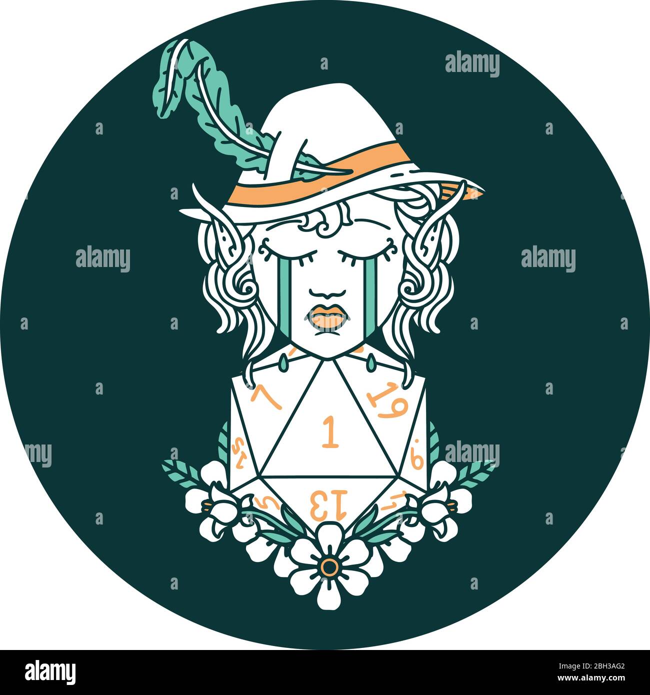 icon of crying elf bard character with natural one D20 roll Stock ...