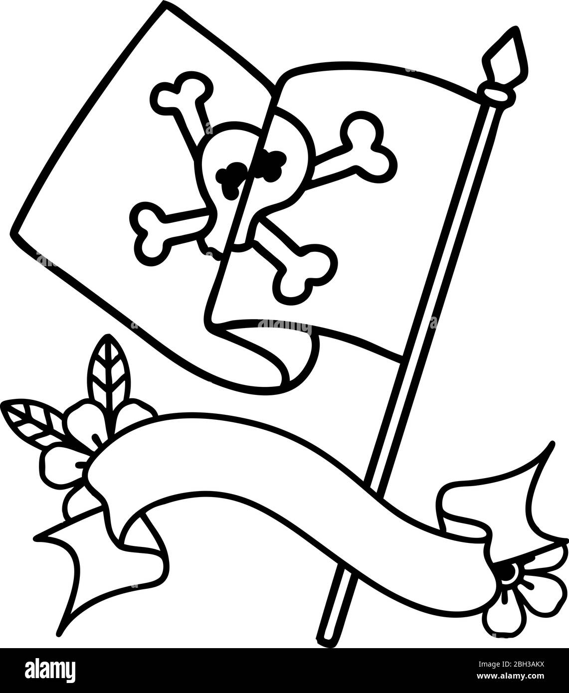 traditional black linework tattoo with banner of a pirate flag Stock ...