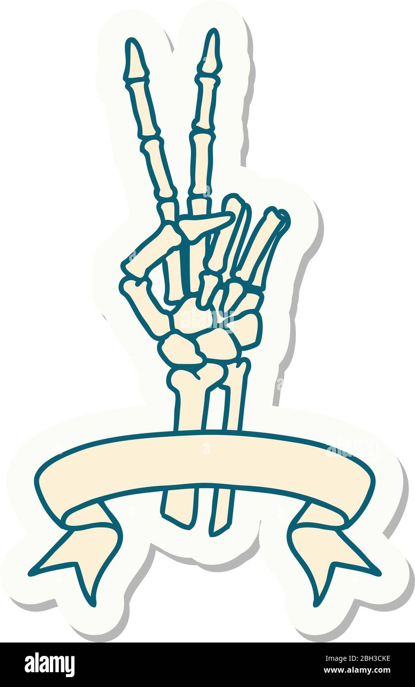 tattoo style sticker with banner of a skeleton giving a peace sign ...