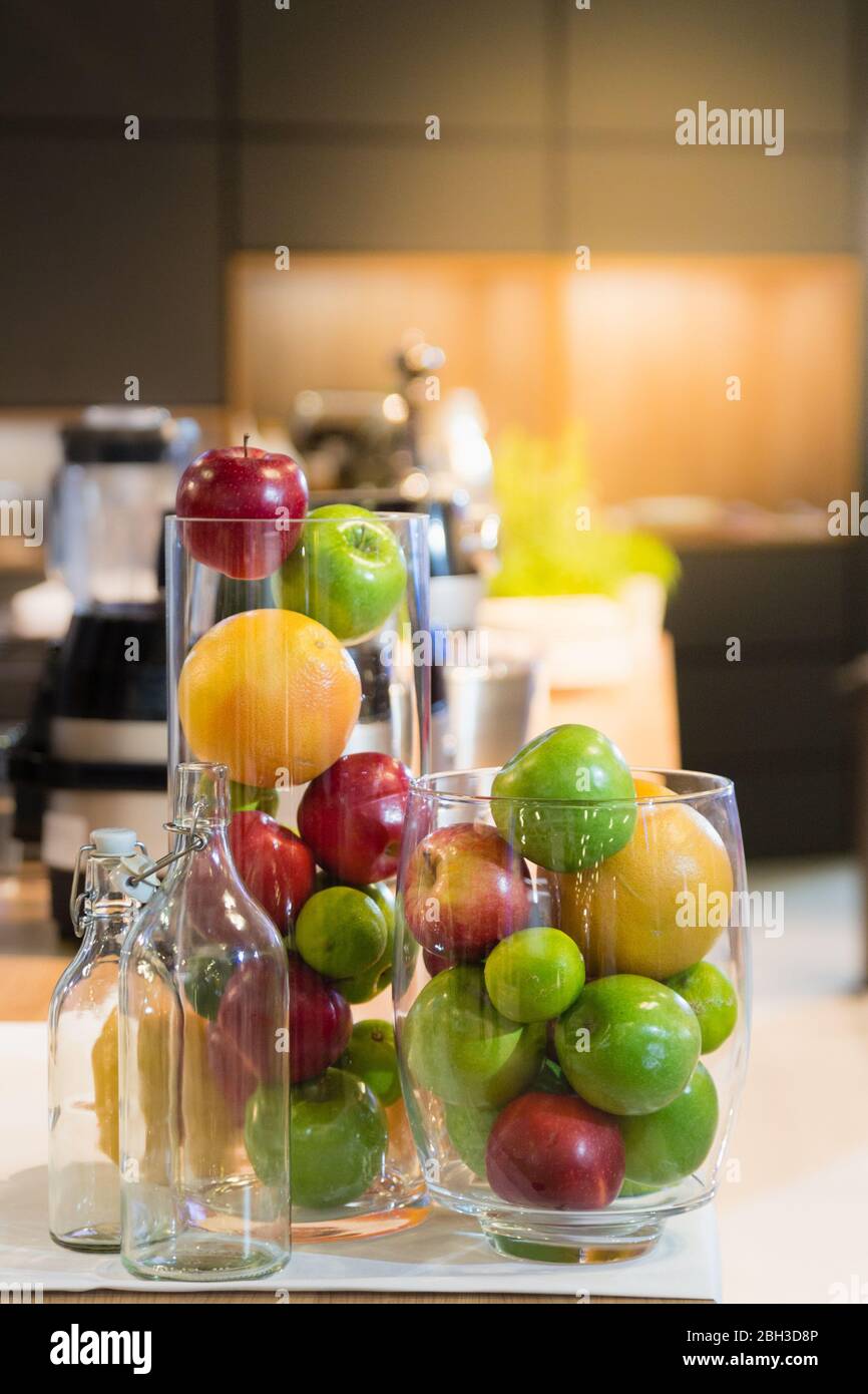 Fresh fruits on wooden table in kitchen background, healthy family ...