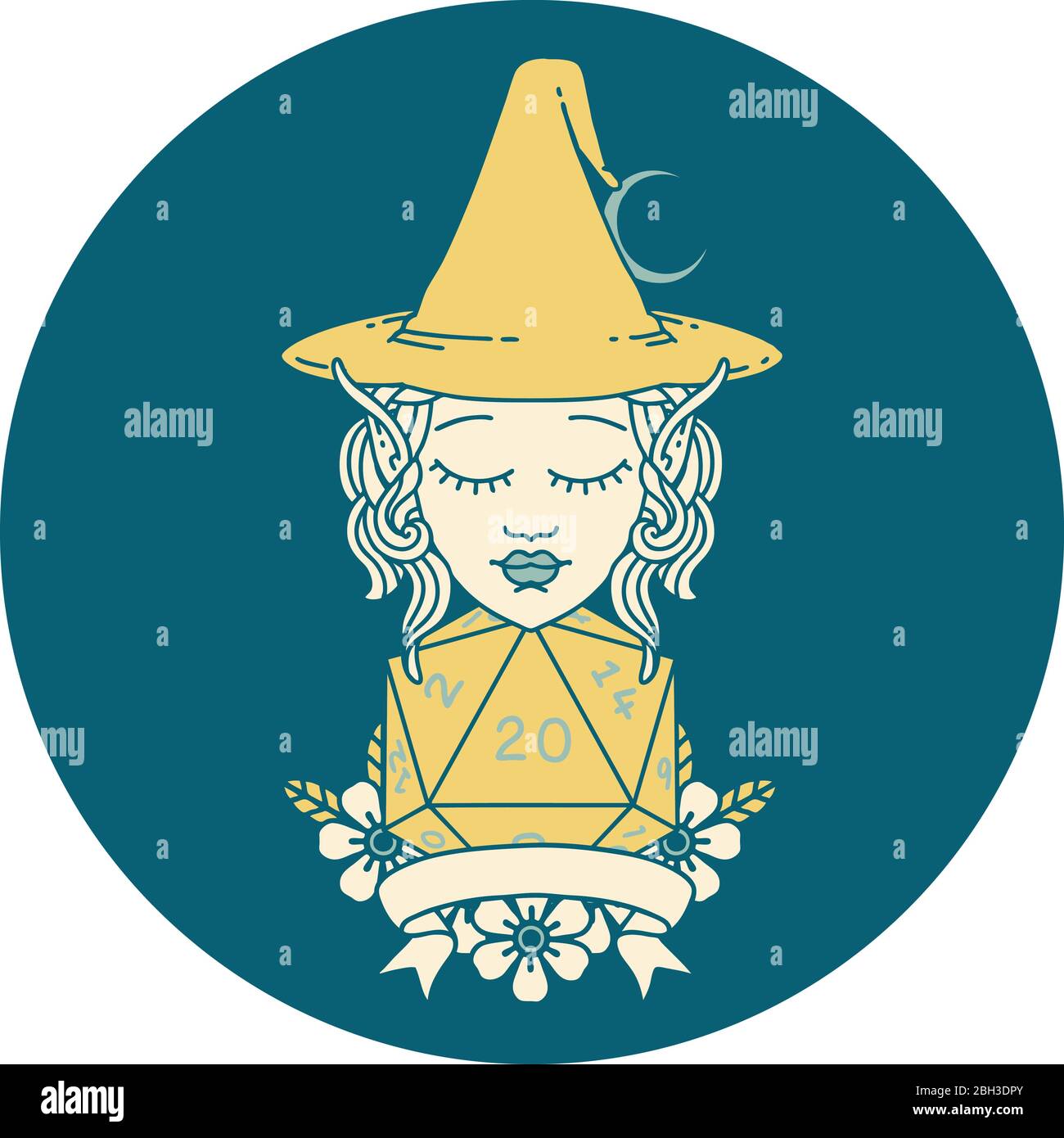 Retro Tattoo Style elf mage character with natural twenty dice roll ...