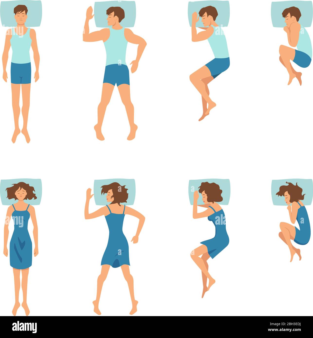 Male and female in sleeping poses. Top view illustrations of relaxing ...
