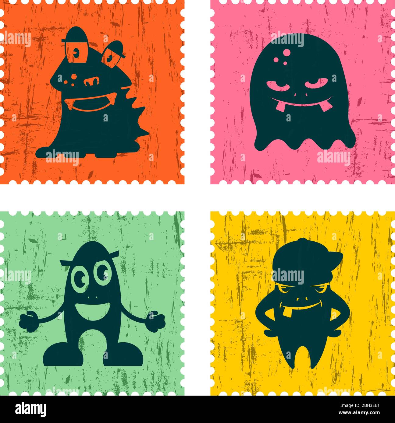 Set of retro postage stamp with funny monsters. Cartoon vector ...