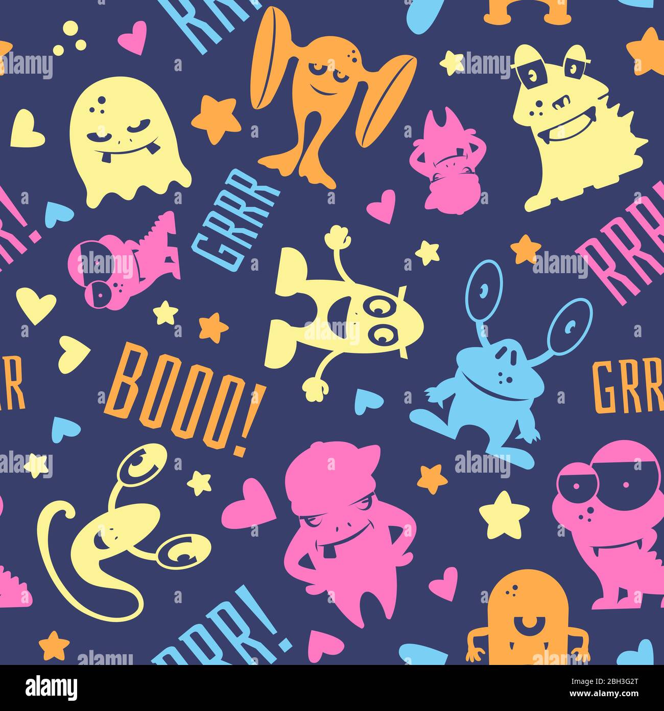 Seamless pattern with cute cartoon monsters, bubbles and words hello ...