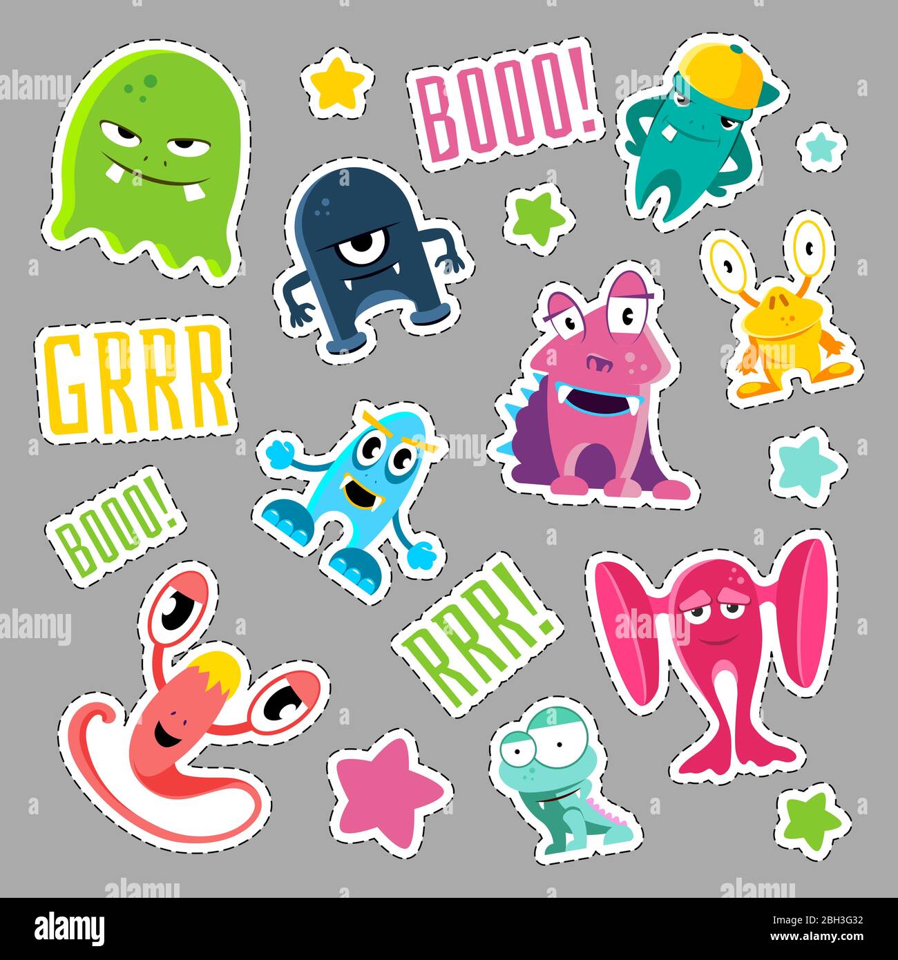 Set of cute monsters and bubbles in the form of a retro patches ...