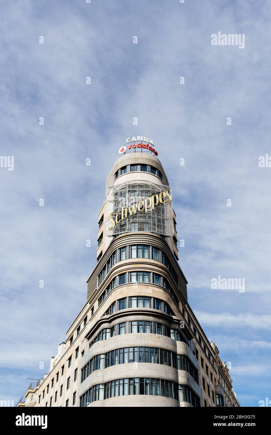 Madrid, Spain - November 1, 2019: Low angle view of the iconic Capitol ...