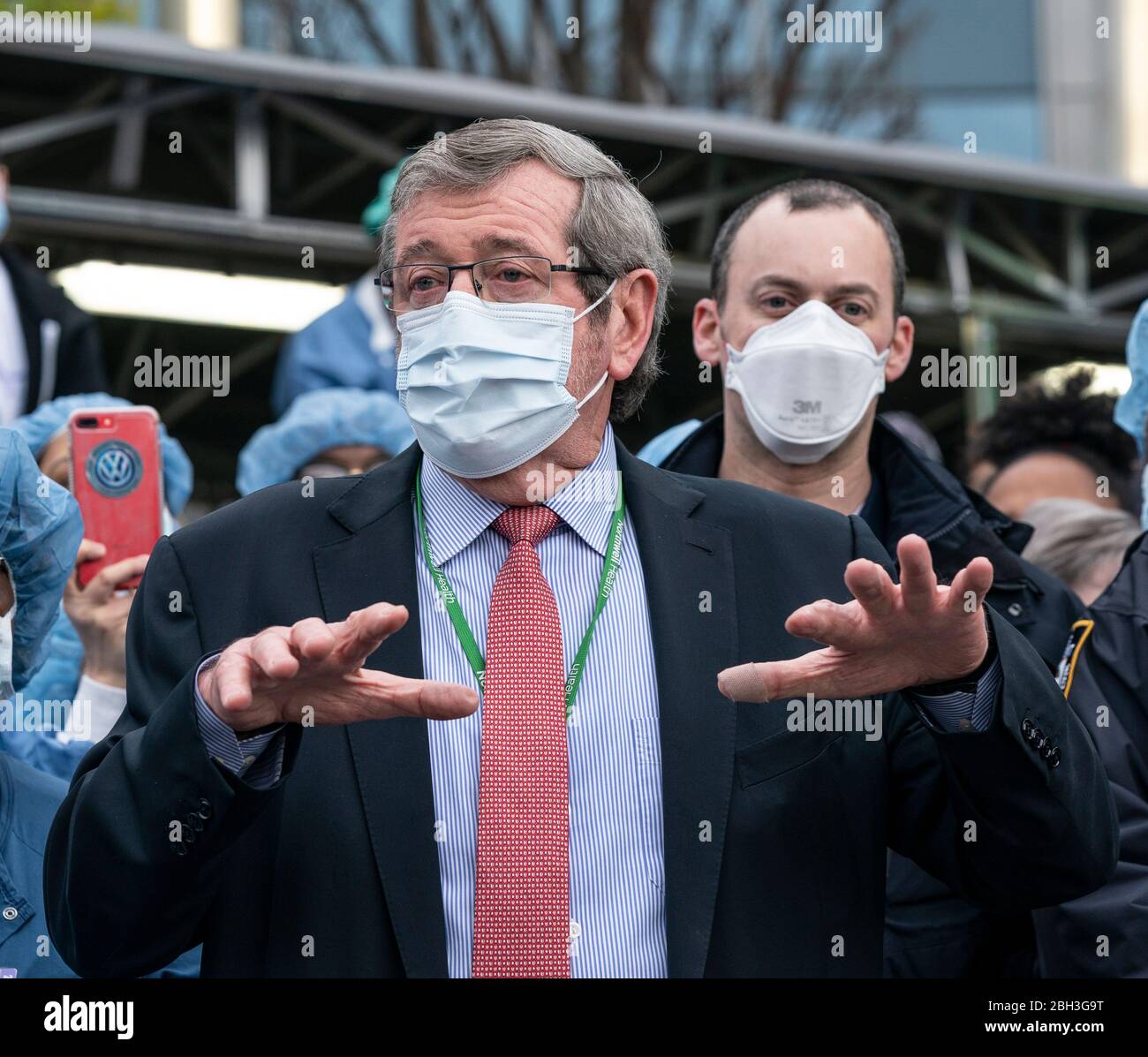 New Hyde Park, NY - April 23, 2020: CEO of Northwell Health Michael Dowling speaks during NYC ...