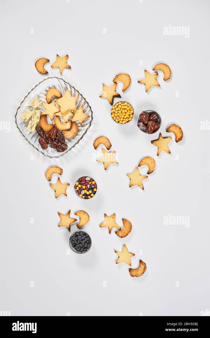 Traditional Ramadan dinner on pure white table. Traditional middle ...