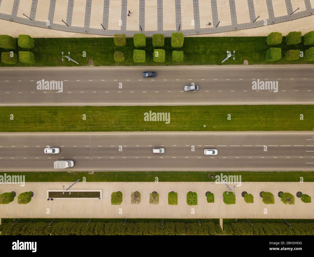 Top down aerial view of freeway busy city road traffic jam highway ...
