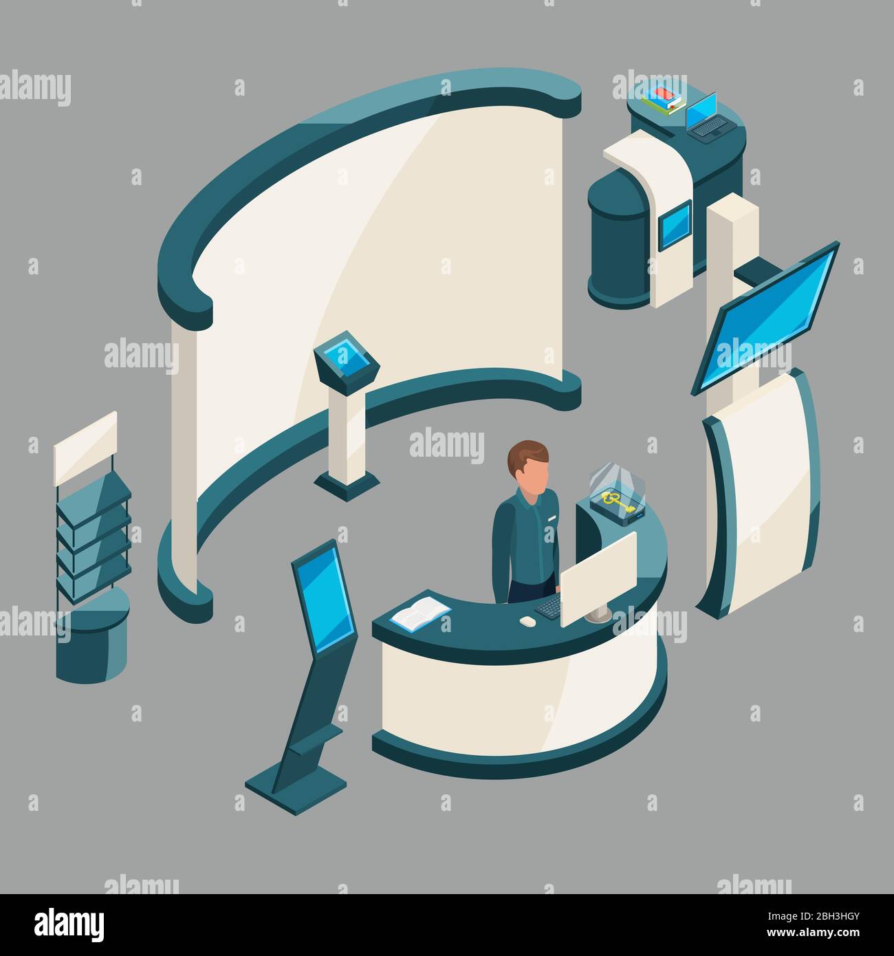 Reception or demonstration stand on exposition. Promotional corporate ...