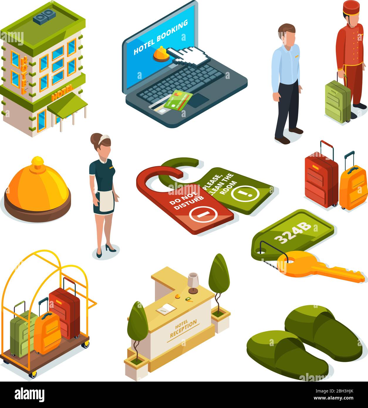 Hotel Services Isometric Illustrations Reception To Motel Lobby And