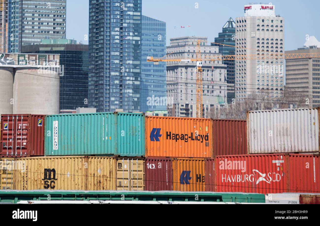 Montreal, Can. 23rd Apr, 2020. Shipping containers and cranes are shown ...