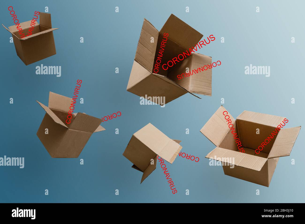 Opened cardboard shipment package box and virus cells. Transmission of ...