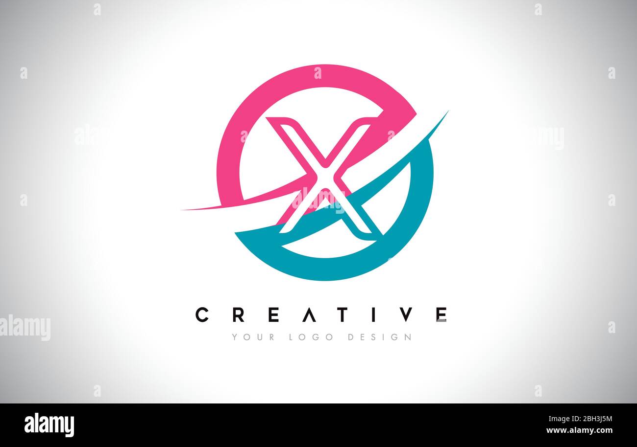 X Letter Design logo icon with circle and swoosh design and blue pink ...