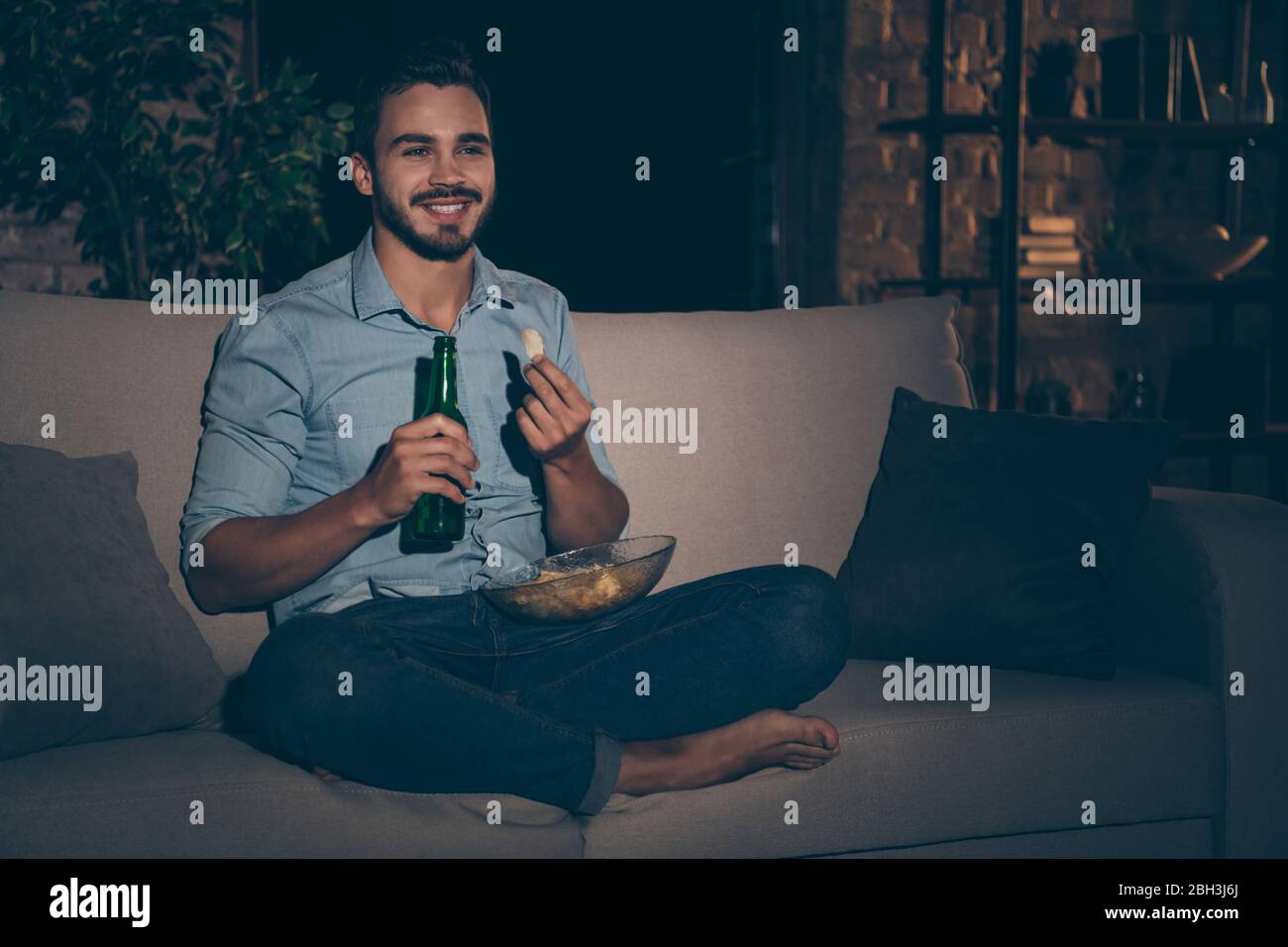 Profile side view portrait of his he nice attractive cheerful brunet ...