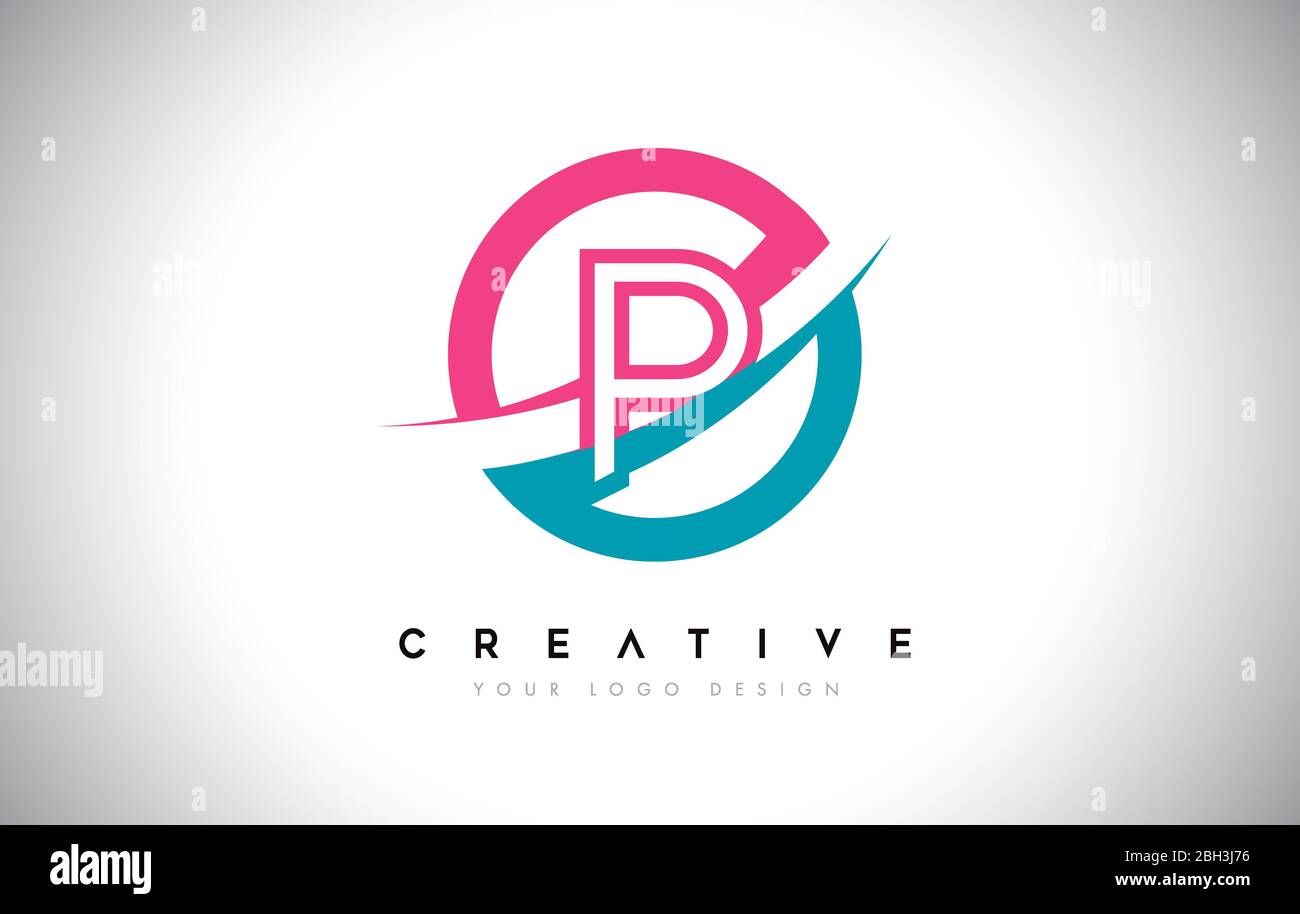 P Letter Design logo icon with circle and swoosh design and blue pink ...