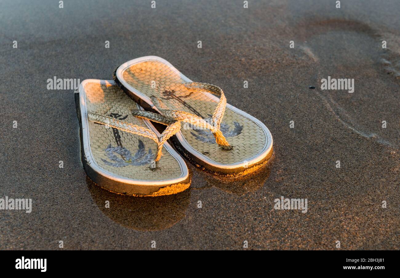 Flip flop sandals on the beach sand at sunset background Stock Photo ...