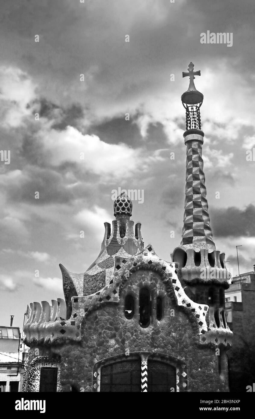 Ceramic mosaic Park Guell in Barcelona, Spain. Park Guell is the famous ...