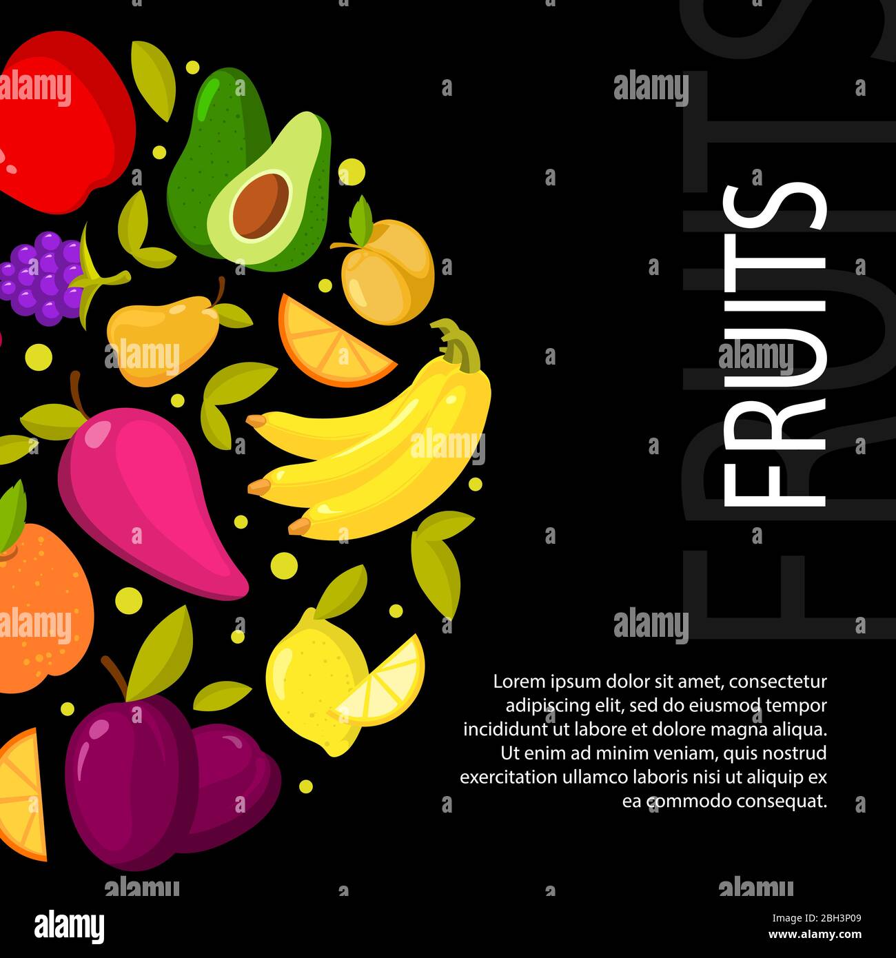 Fruits on black background. Illustration with space for your text ...