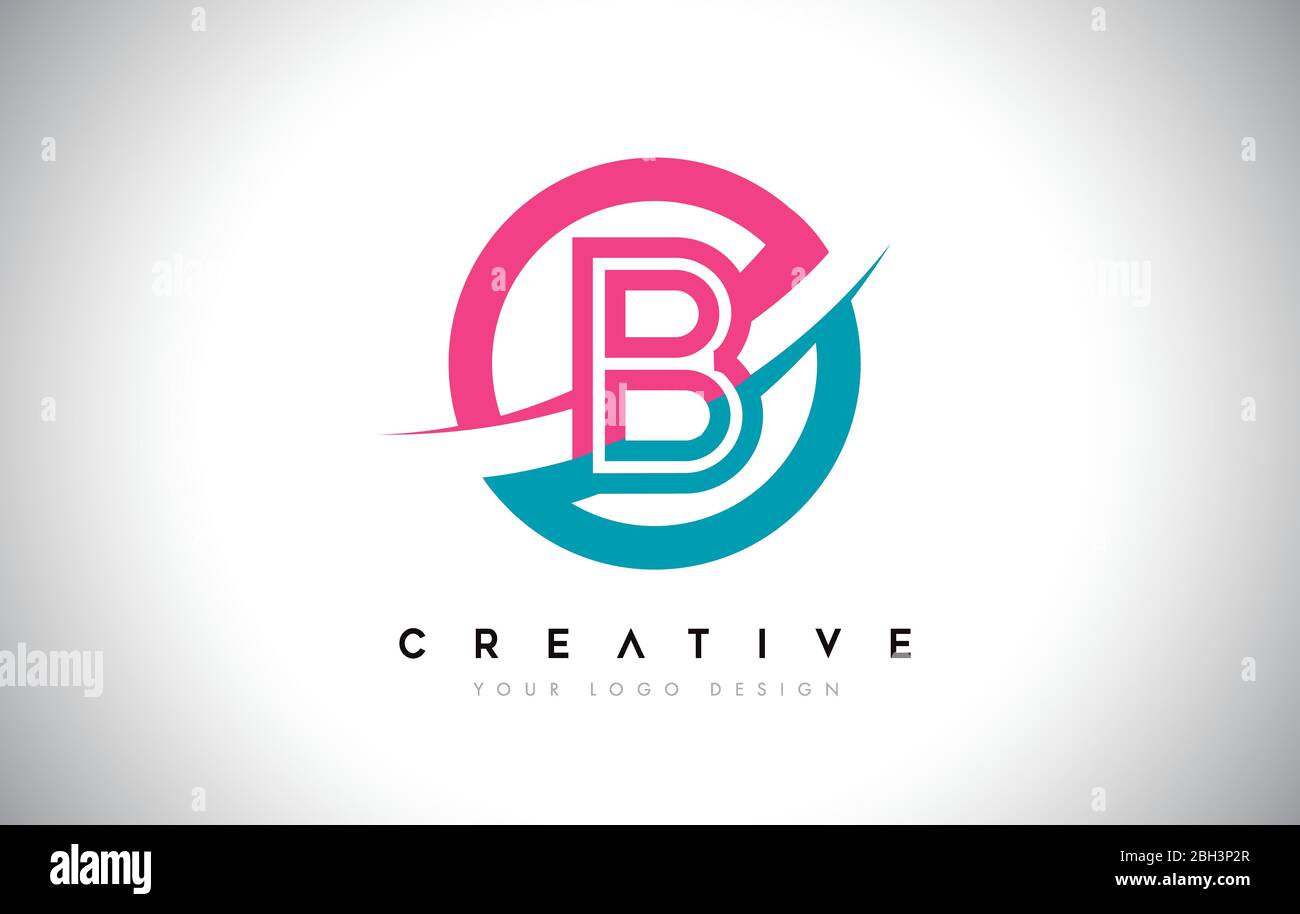 B Letter Design logo icon with circle and swoosh design and blue pink ...