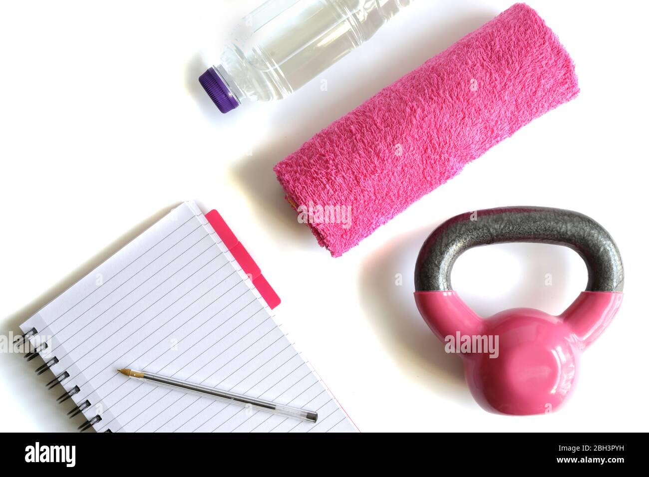 Healthy life style pink accessories on white background, top view, flat ...