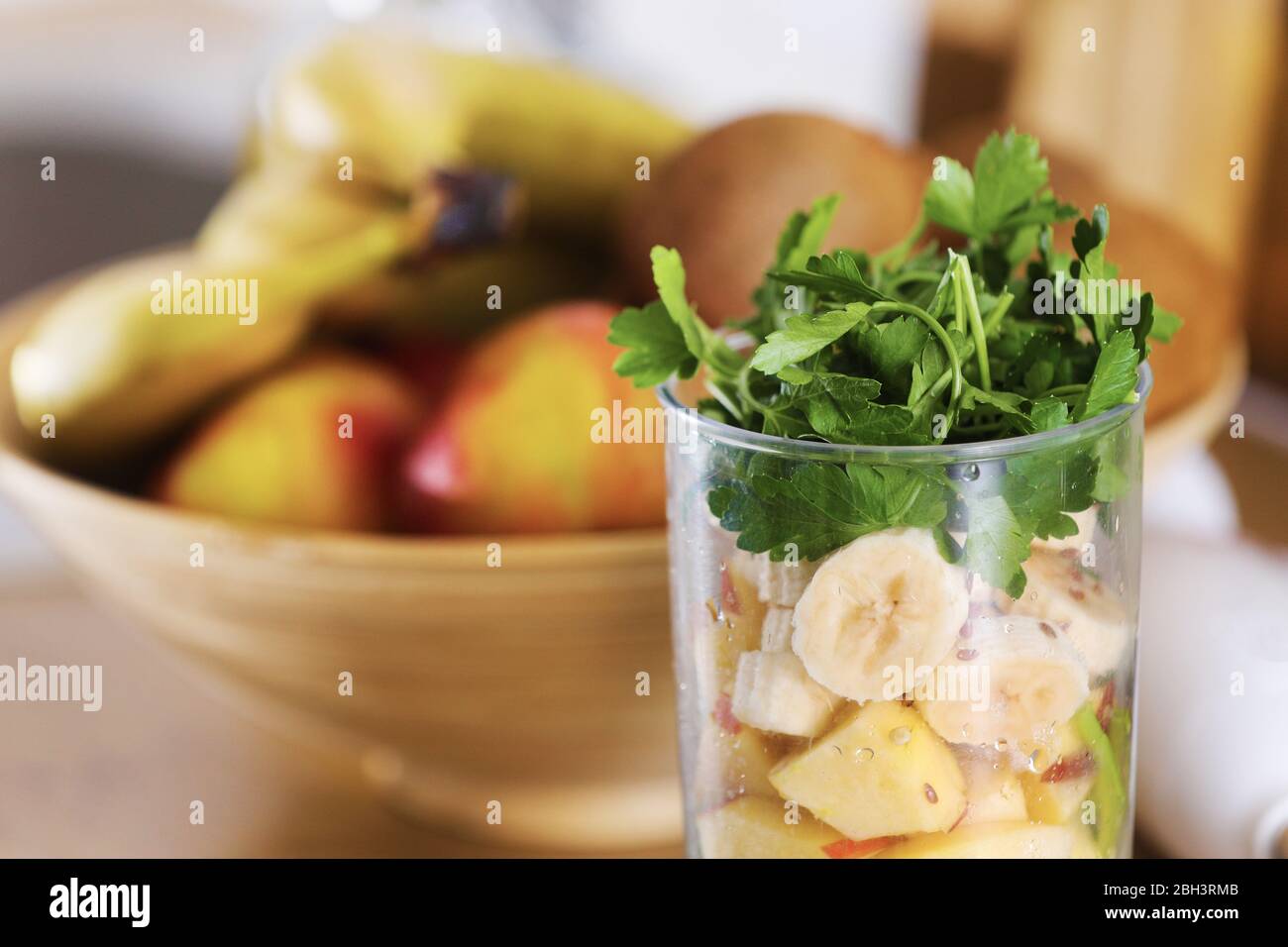 crushed fruit for smoothie. Different tropical fruits and smoothie on ...