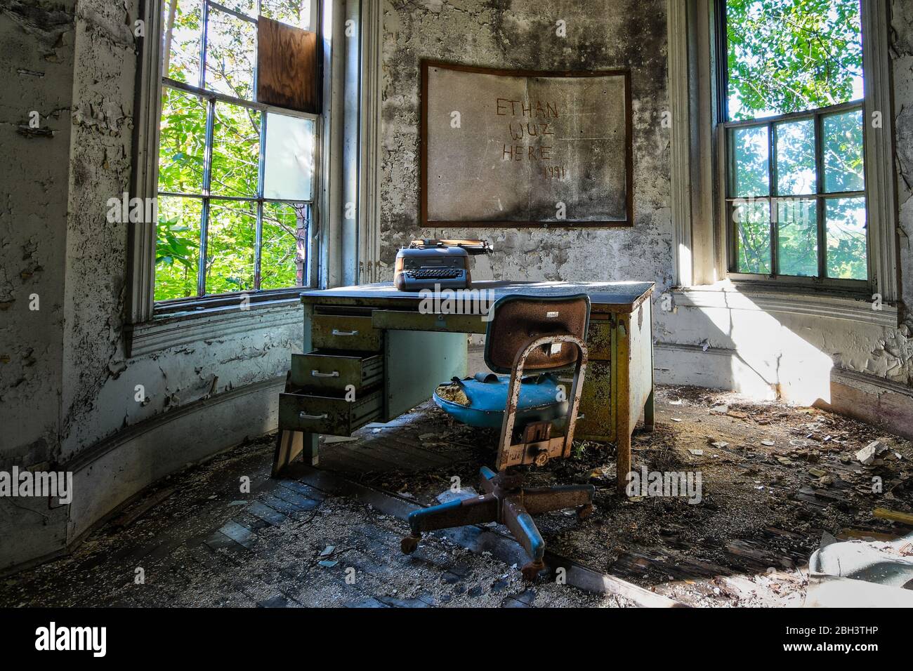 Writing Desk with Typewriter in patient ward of an old Abandoned ...