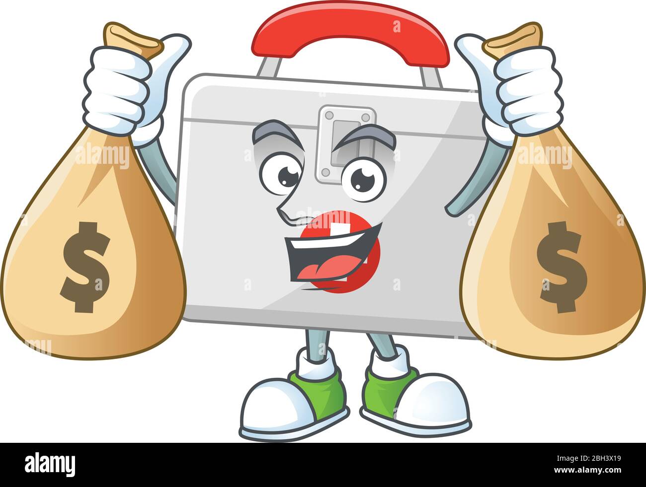 Blissful rich first aid kit cartoon character having money bags Stock ...