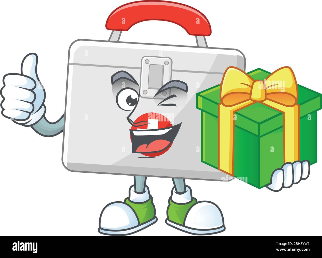 Smiley first aid kit cartoon character holding a gift box Stock Vector ...