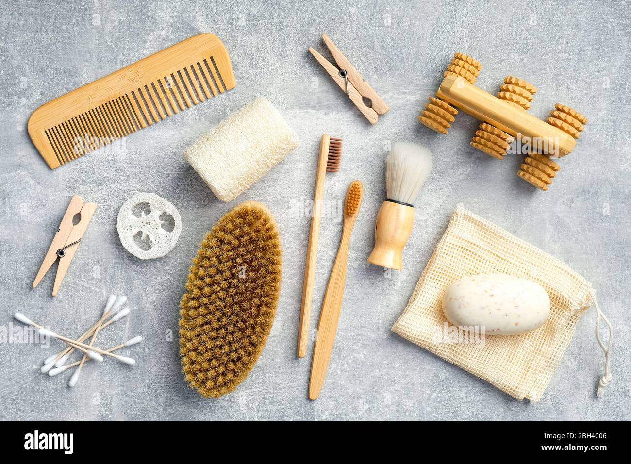 Eco-friendly personal hygiene products and bath accessories on stone ...