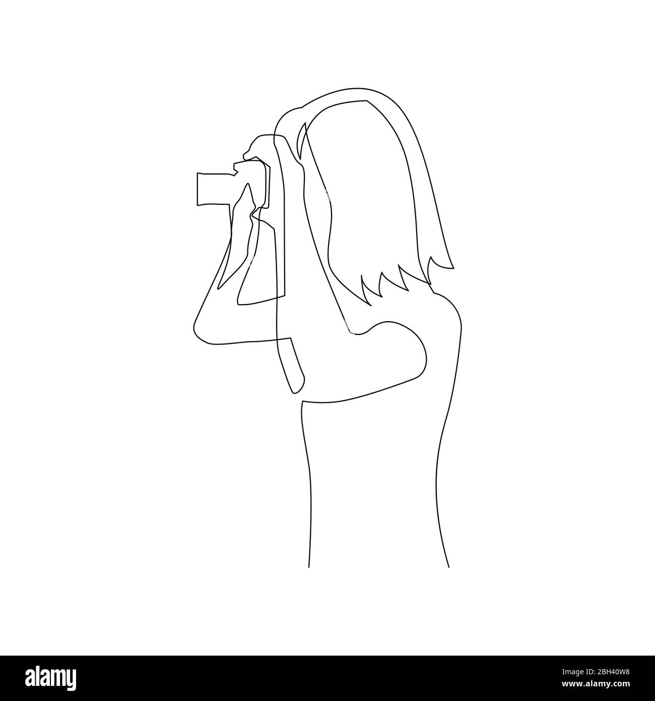 Continuous one line woman takes pictures on camera. Side view. Vector ...