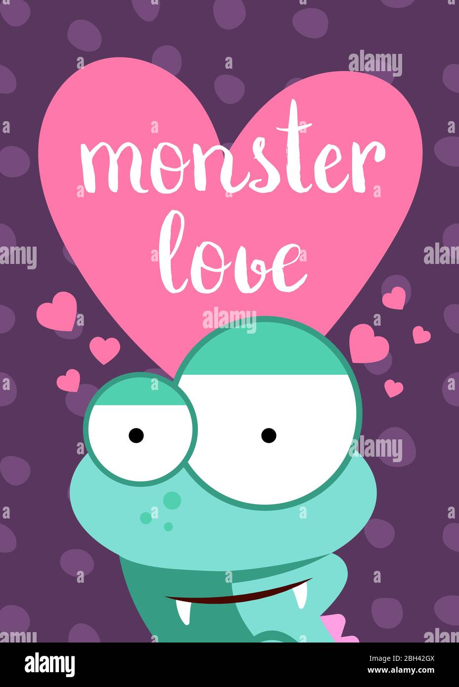 Vector Valentines Day card with heart, cute monster and lettering on ...