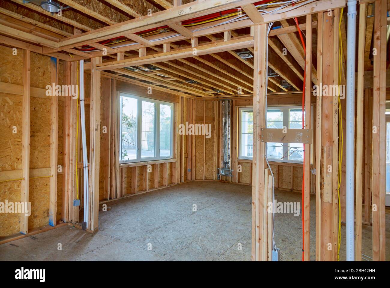 House in American beams the view of interior of frame under ...