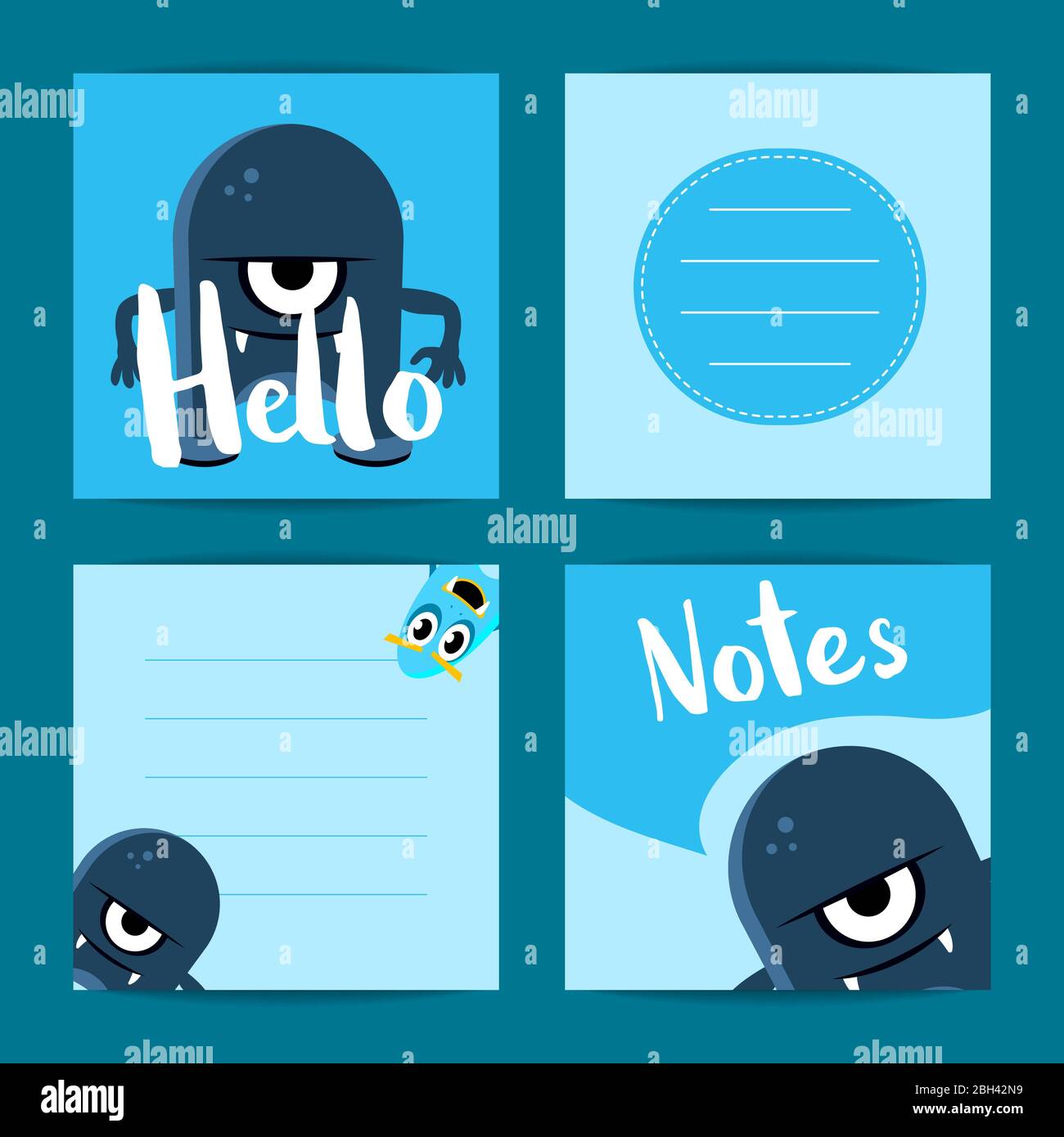 Vector square note cards set with cute cartoon monsters. Blue ...