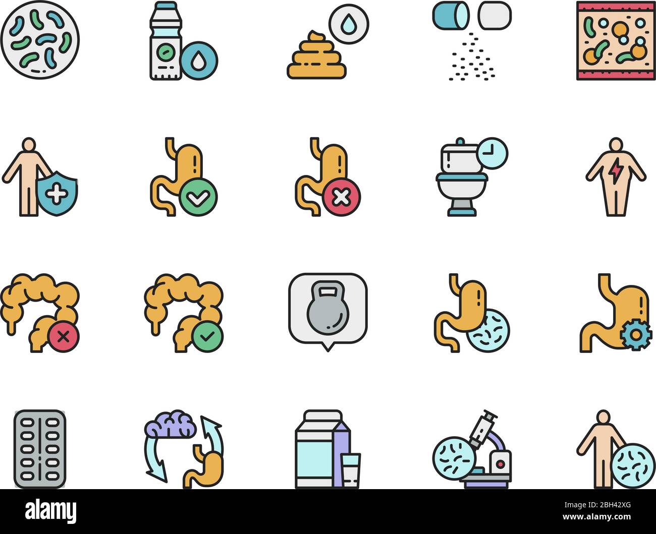 Set of Probiotic Color Line Icons. Lactobacilli, Intestines, Vitamins ...