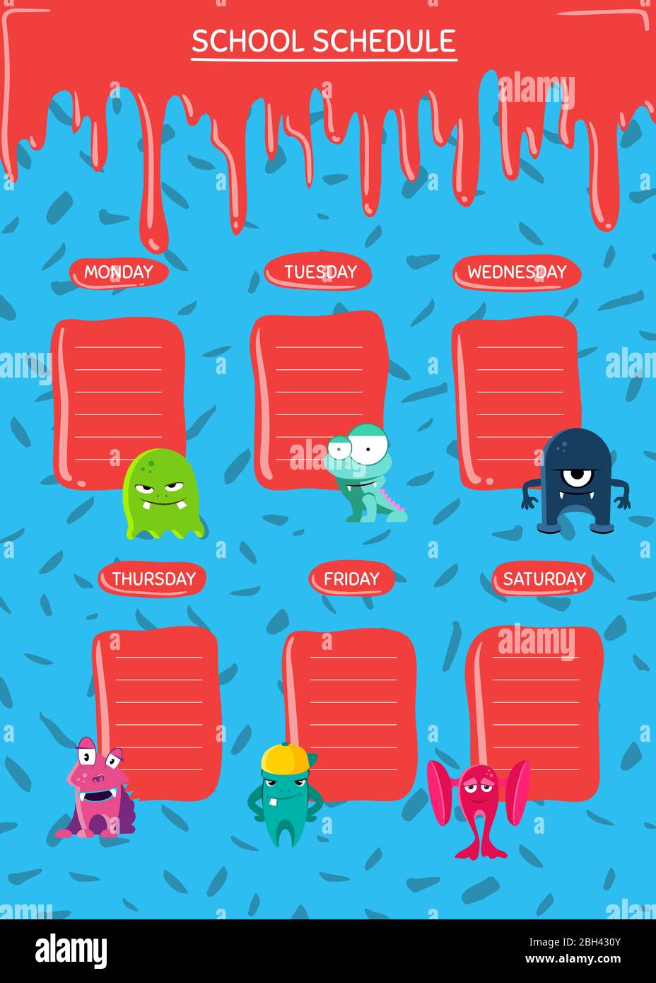 Vector school schedule with cartoon monsters with paint stains on ...
