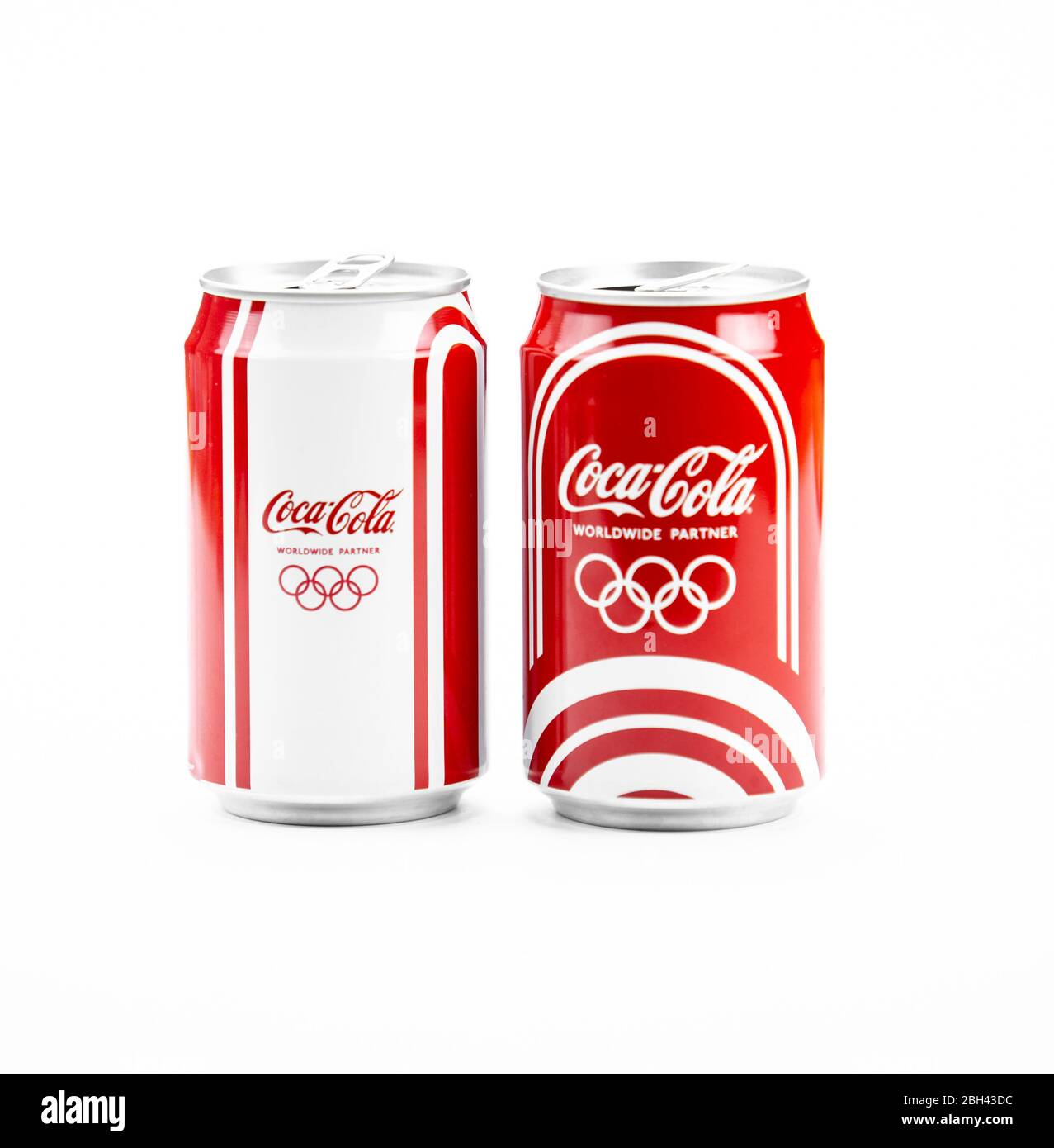 Atlanta, Georgia, USA April 4, 2020: Two cans of Coca-Cola classic ...