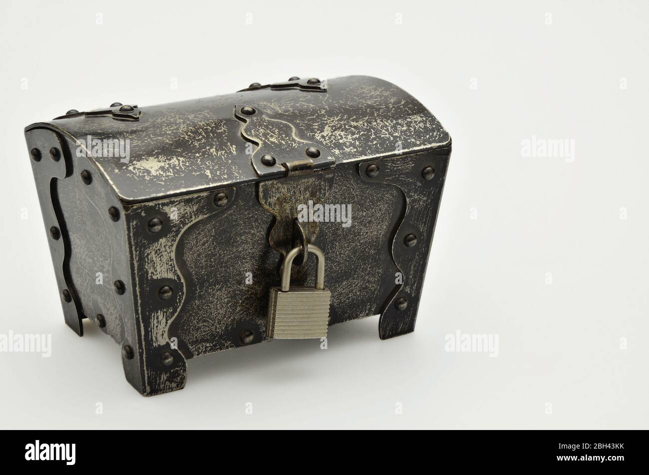 retro treasure chest with safety lock, closeup, isolated on white ...
