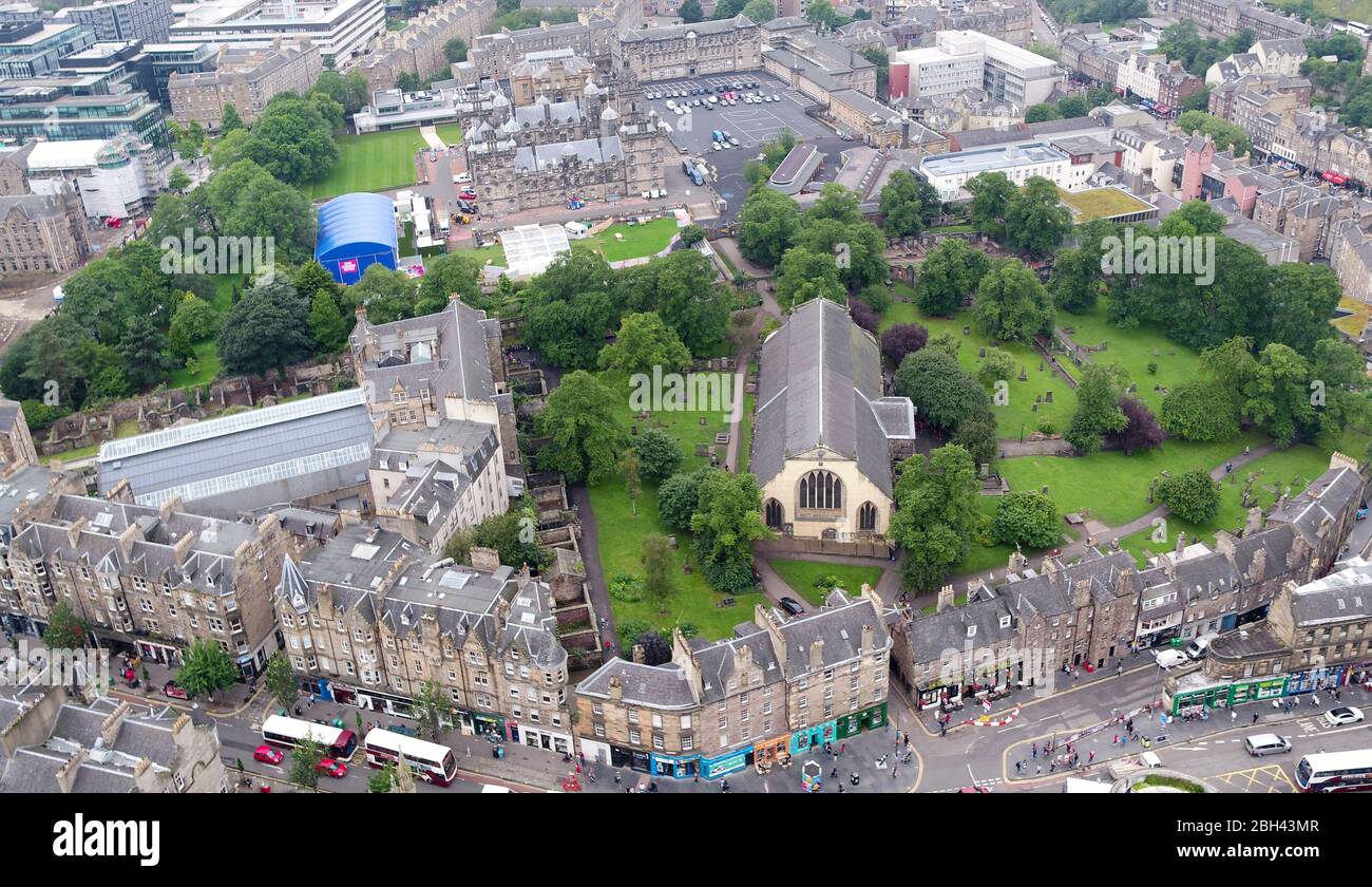 Aerial drone view of Edinburgh city centre old town area Stock Photo ...
