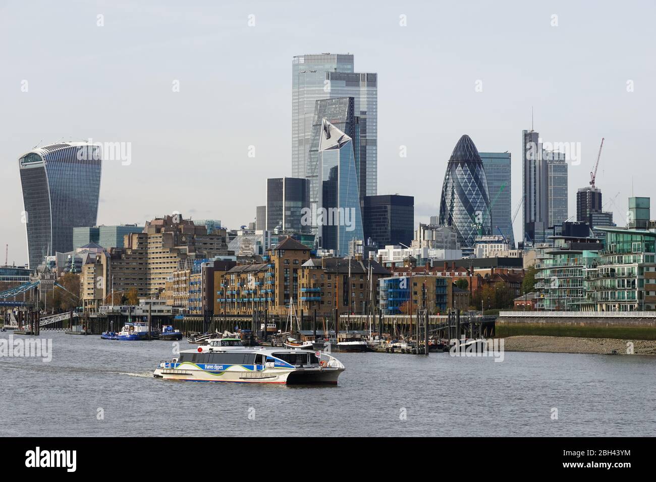 Thames clipper on the River Thames with the city skyscrapers in the ...