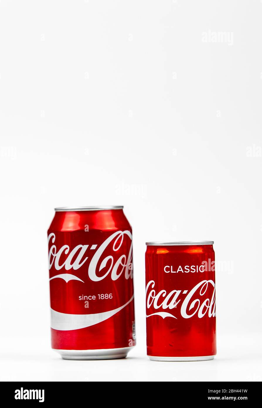Atlanta, Georgia, USA April 4, 2020: Two cans of Coca-Cola classic ...