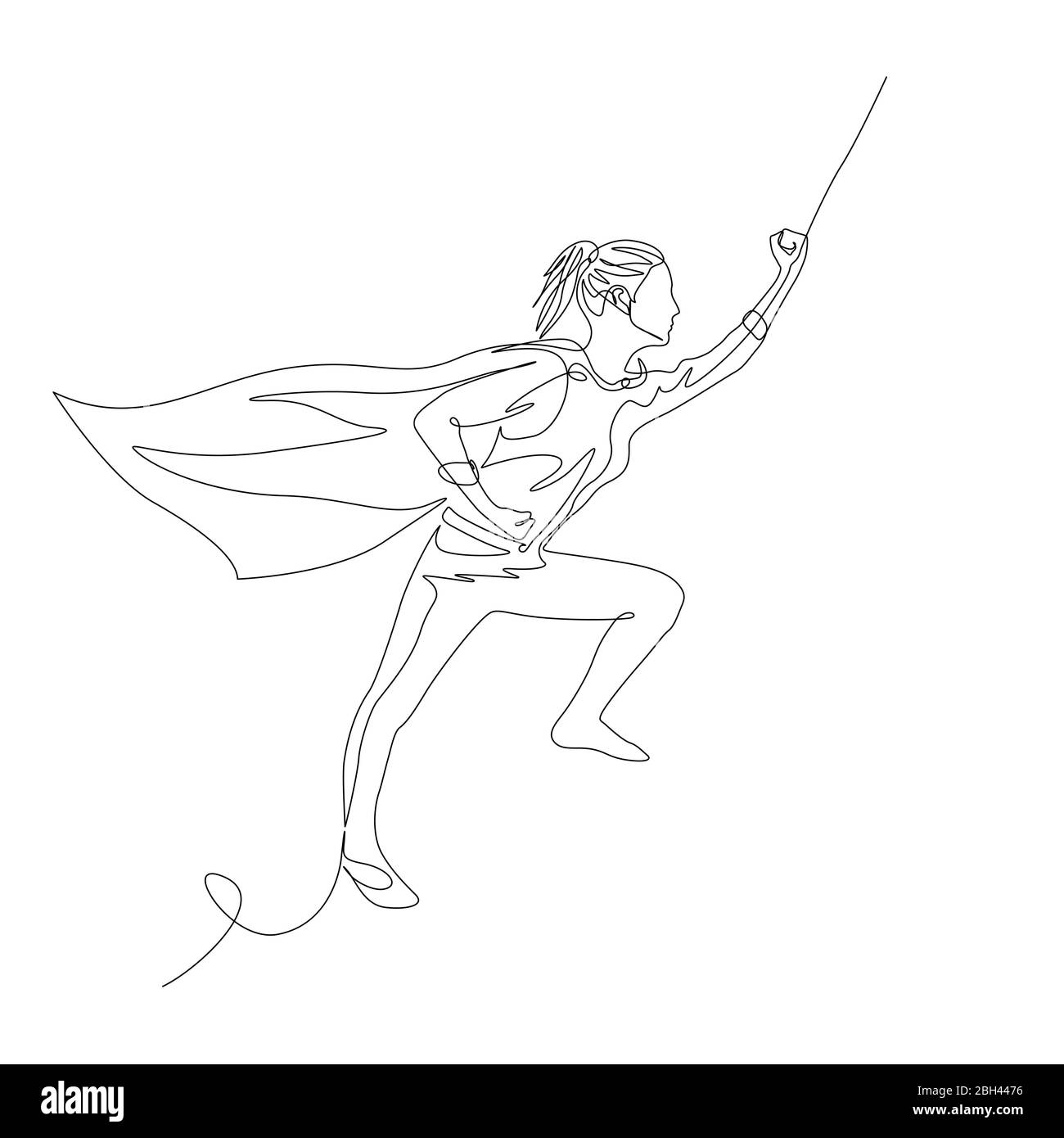 Continuous one line superhero woman in a cloak flies up with a raised ...