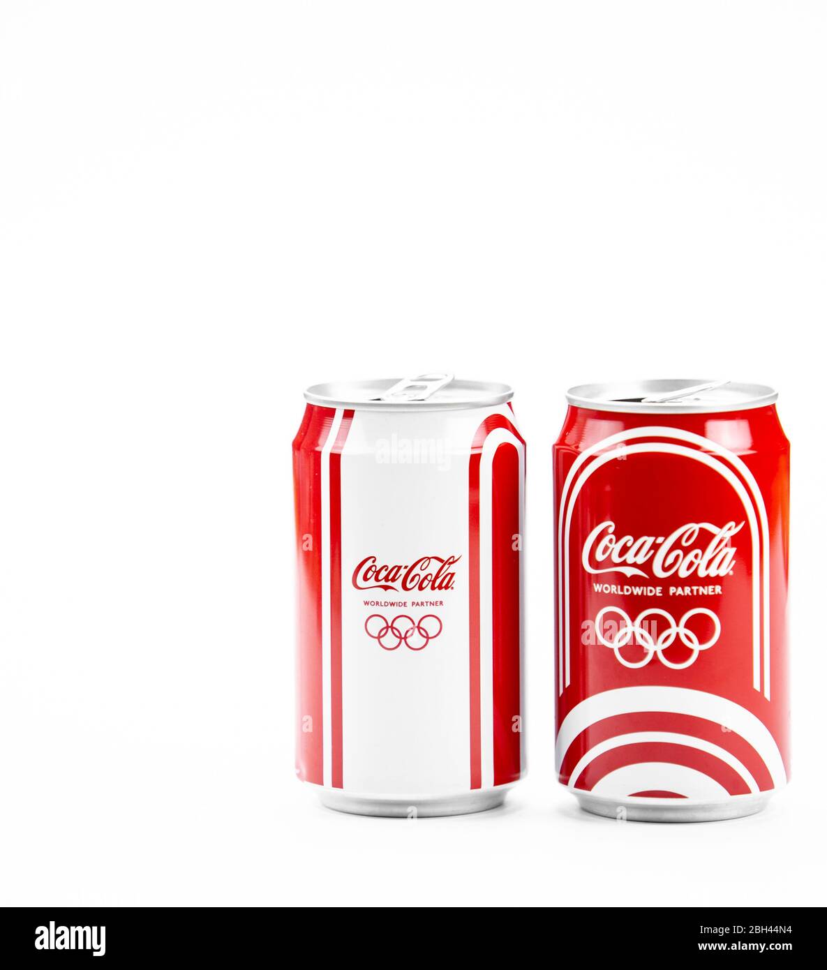 Atlanta, Georgia, USA April 4, 2020: Two cans of Coca-Cola classic ...