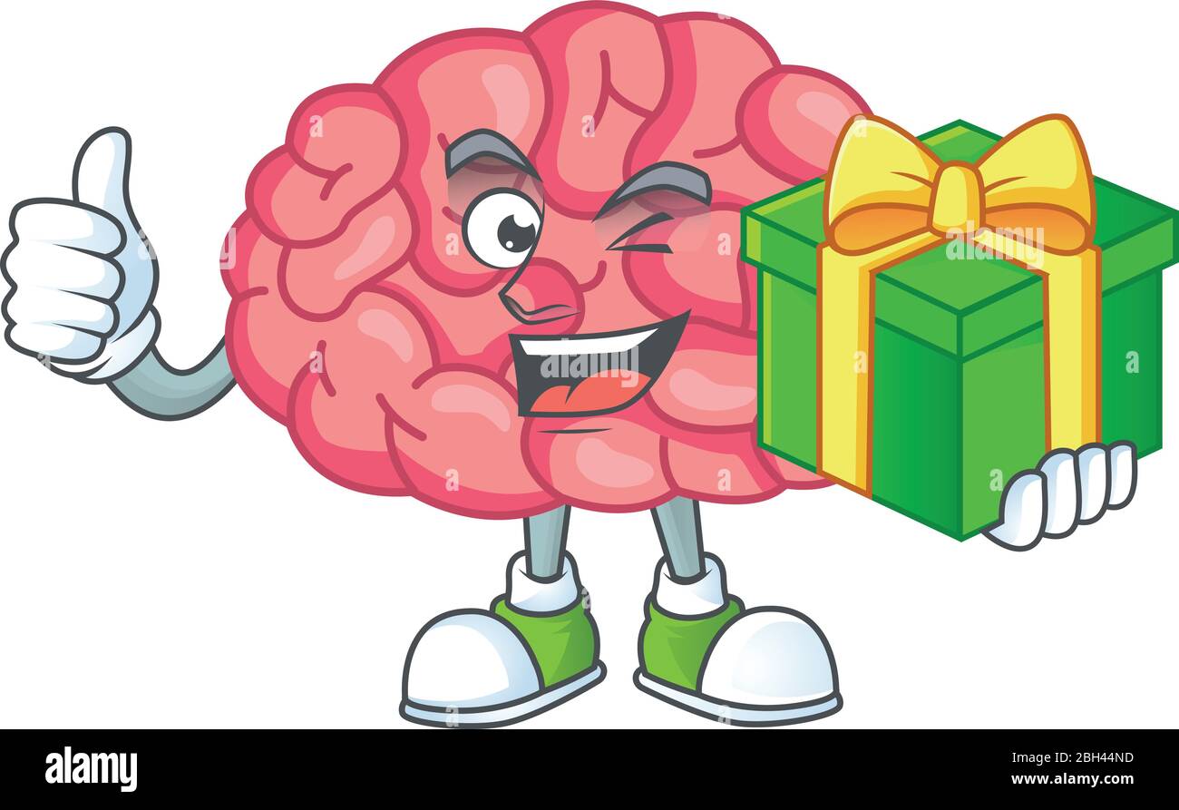 Smiley brain cartoon character holding a gift box Stock Vector Image ...