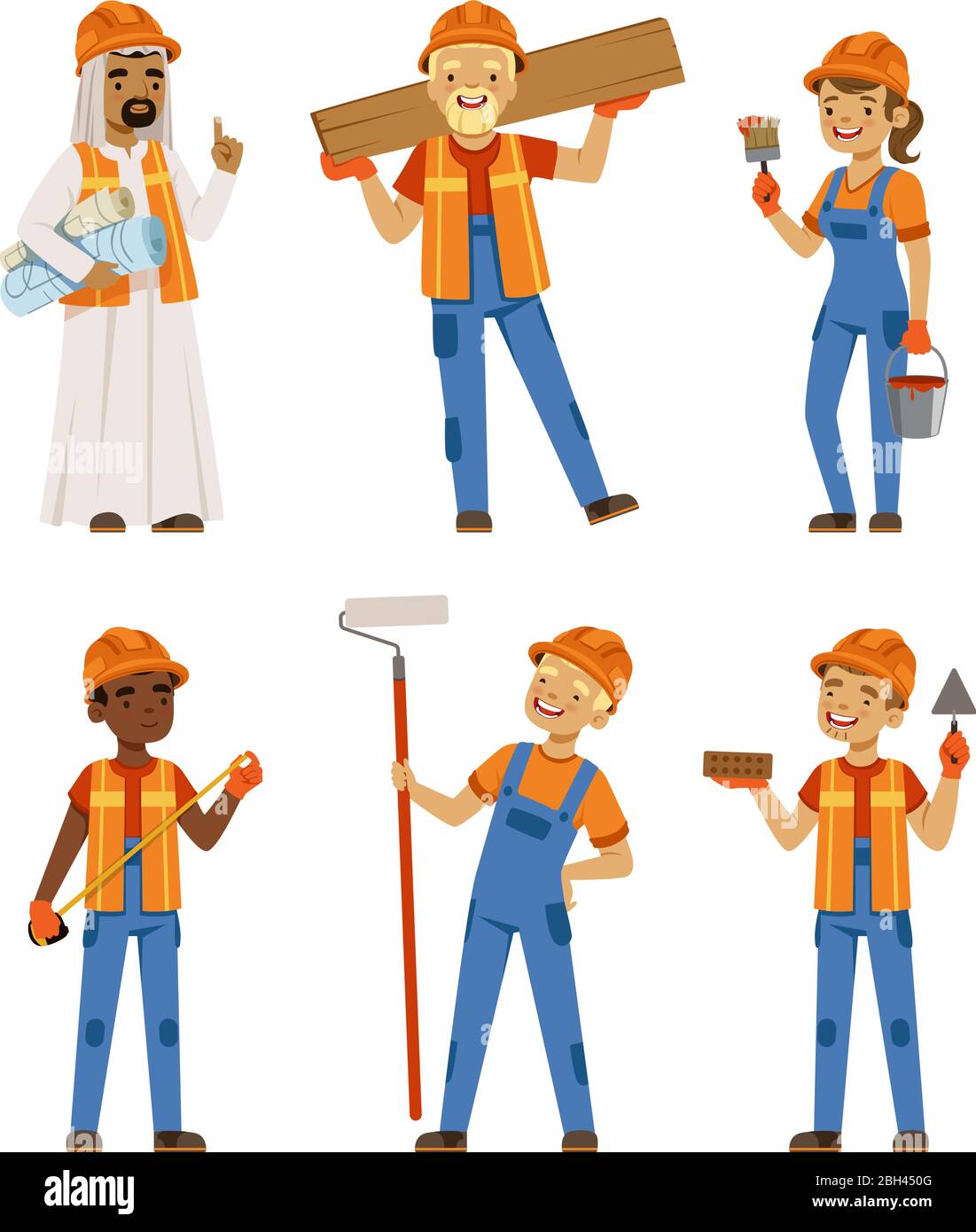 Male and female workers in uniform. Engineers and builders on the work ...